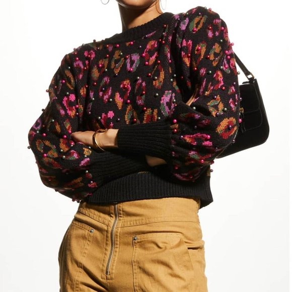 Sweaters | Farm Rio Black Ikat Beaded Leopard Sweater Size Xs Nwt Farm ...